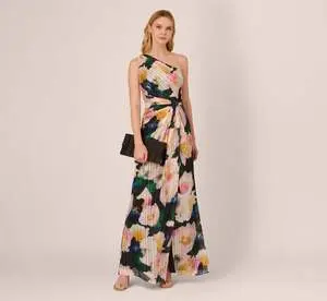 Adrianna Papell Floral Print Chiffon One Shoulder Gown - Black/blush Multi