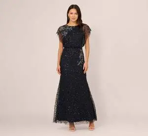 Adrianna Papell Short Sleeve Beaded Floral Embroidery Gown - Midnight Multi