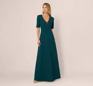 Adrianna Papell Short Sleeve Beaded Keyhole Maxi Gown
