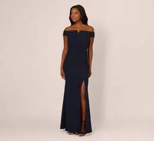 Adrianna Papell Beaded Off-the-shoulder Glitter Tweed Gown