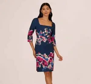 Adrianna Papell Floral Print Sheath Dress With 3/4 Sleeves - Navy/pink Multi