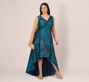 Adrianna Papell Ruffle Floral Jacquard High Low Gown