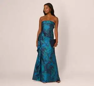 Adrianna Papell Strapless Draped Floral Jacquard Gown