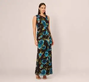Adrianna Papell Asymmetrical Draped Floral Chiffon Gown - Black Multi