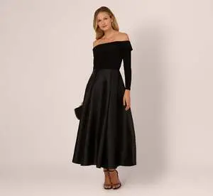 Adrianna Papell Off Shoulder Long Sleeve Mikado Combo Gown