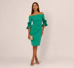 Adrianna Papell Off-shoulder Rosette Sleeve Cocktail Dress - Emerald