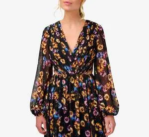 Adrianna Papell Floral-print Pleated Chiffon Long A-line Gown - Black Multi