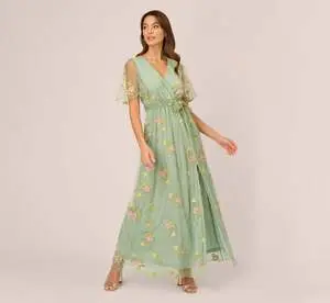 Adrianna Papell Floral Embroidered Maxi Dress With Flutter Sleeves - Sage Multi