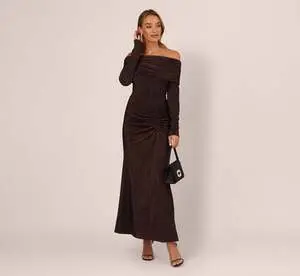 Adrianna Papell Off-the-shoulder Metallic Knit Maxi Dress - Chocolate