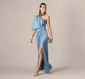 Aidan Mattox Crepe Back Satin One Shoulder Long Gown
