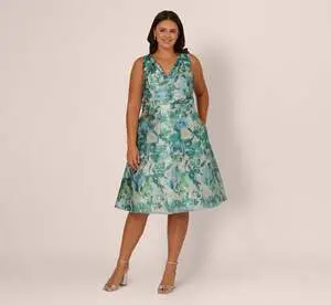 Adrianna Papell Metallic Floral Jacquard Midi A-line Dress - Blue Multi