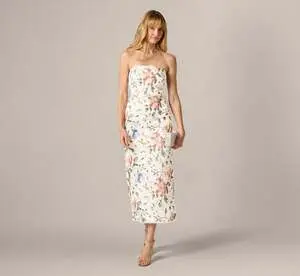 Adrianna Papell Strapless Floral Beaded Embroidery Midi Dress - Ivory Multi