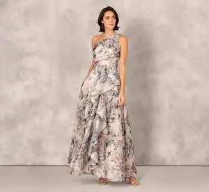 Aidan Mattox One Shoulder Floral Jacquard Gown With Ruffle Detail