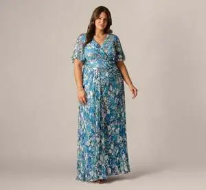 Adrianna Papell Flutter Sleeve Crinkle Foil Floral Gown