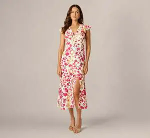 Adrianna Papell Floral Print Midi Dress With Flounce Collar - Ivory Multi