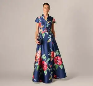 Adrianna Papell Short Sleeve Magnolia Floral Ballgown - Navy Multi