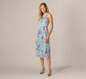 Adrianna Papell Sequin Beaded Floral Embroidery Illusion Midi Dress - Blue Multi