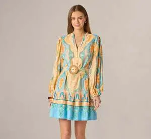 Adrianna Papell Bishop Sleeve Paisley Print Belted Short Dress - Peach Multi