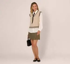 Adrianna Papell Long Sleeve Tie Neck Sweater Vest Twofer Top - Neutral/black