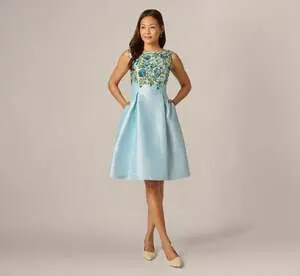 Adrianna Papell Floral Beaded Shantung Fit And Flare Dress - Sky Multi