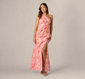 Adrianna Papell One Shoulder Floral Jacquard Draped Gown - Coral Multi