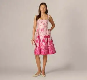 Adrianna Papell Square Neck Floral Jacquard Midi Dress - Pink Multi