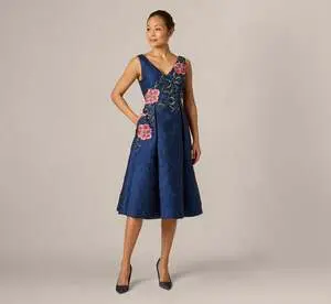 Adrianna Papell Floral Beaded Fit And Flare Midi Dress - Midnight Multi