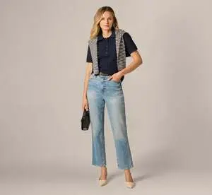 Adrianna Papell Short Sleeve Pointelle Polo Top