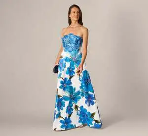 Adrianna Papell Strapless 3d Floral Beaded Dupioni Gown - Ivory/blue Multi