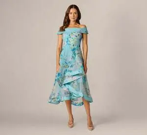 Adrianna Papell Off-shoulder Floral Organza High-low Midi Dress - Blue Multi