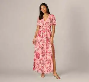 Adrianna Papell Flutter Sleeve Floral Print Embroidered Wrap Maxi Dress - Blush Multi