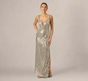 Adrianna Papell Plunge Neck Mirror Beaded Gown