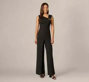 Adrianna Papell Buckle Shoulder Overlay Jumpsuit - Black