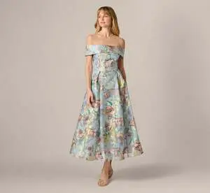 Adrianna Papell Off-shoulder Floral Jacquard Ankle Dress - Blue Multi