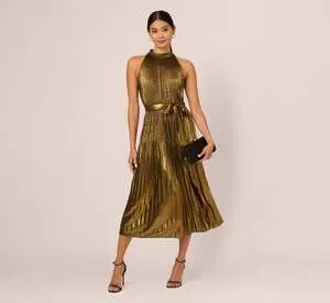 Adrianna Papell Halter Pleated Metallic Midi Dress - Gold