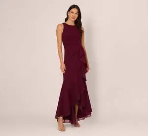 Adrianna Papell Crepe Halter Gown With Organza Draping - Cabernet
