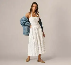 Adrianna Papell Smocked Seersucker Halter Midi Dress - Ivory Multi