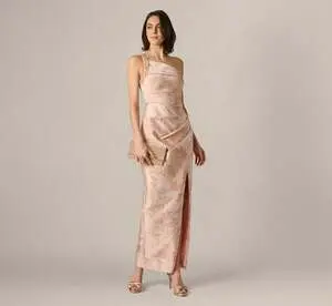 Aidan Mattox Beaded One-shoulder Floral Jacquard Draped Gown