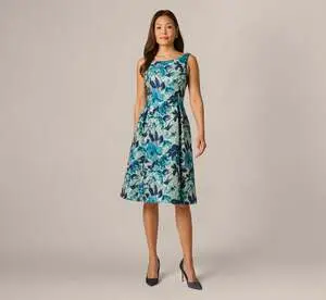 Adrianna Papell Metallic Floral Jacquard Fit And Flare Midi Dress - Blue Multi