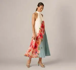 Adrianna Papell Pleated Chiffon Floral Midi Trapeze Dress - Blue Multi