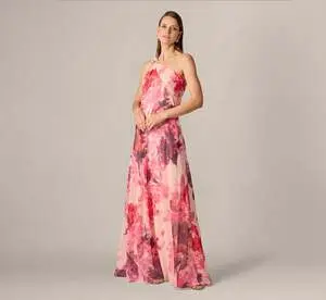 Aidan Mattox One Shoulder Peony Floral Chiffon Scarf Gown