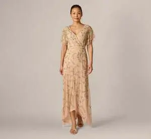 Adrianna Papell Flutter Sleeve Beaded Wrap Gown - Blush Multi