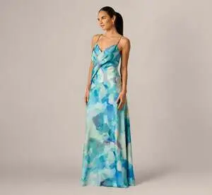 Adrianna Papell Draped Watercolor Gown - Blue Multi