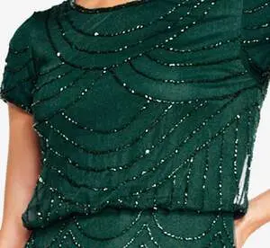 Adrianna Papell Short Sleeve Beaded Blouson Gown - Dusty Emerald