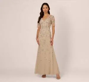 Adrianna Papell 3d Floral Beaded Mermaid Gown - Biscotti