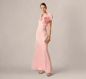 Aidan Mattox Stretch Mikado Rosette Shoulder Gown