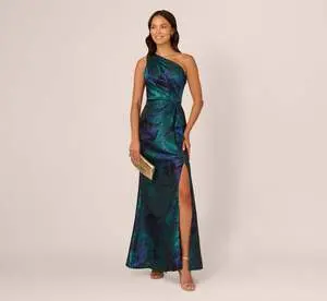 Adrianna Papell One Shoulder Jacquard Mermaid Gown With Drape Detail - Cobalt/teal