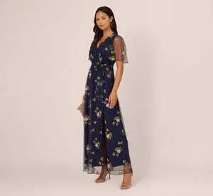 Adrianna Papell Floral Embroidered Maxi Dress With Flutter Sleeves - Navy Multi