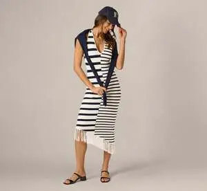 Adrianna Papell Striped Asymmetrical Fringe Halter Midi Dress - Ivory/navy