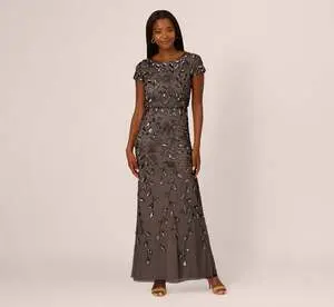 Adrianna Papell Blouson Short Sleeve Beaded Long Dress - Lead